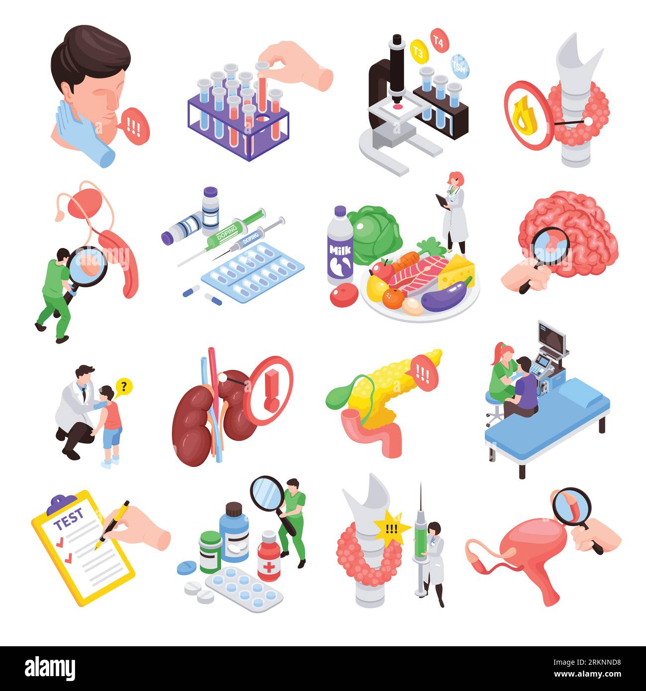 Isometric endocrinologist colored icon set with test lab tools organs ...