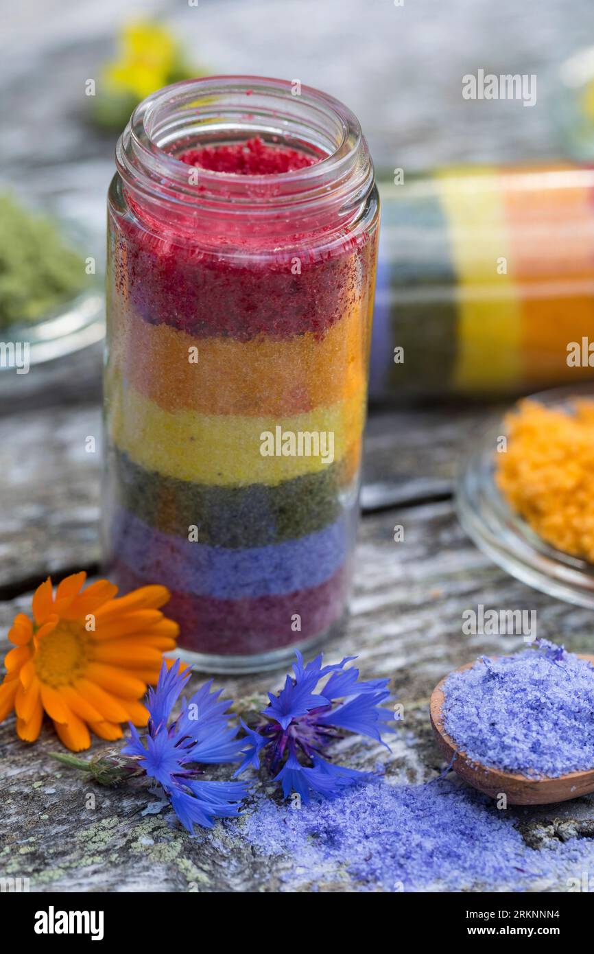 herbal salt from flowers and leaves made from hollyhook, common chicory ...