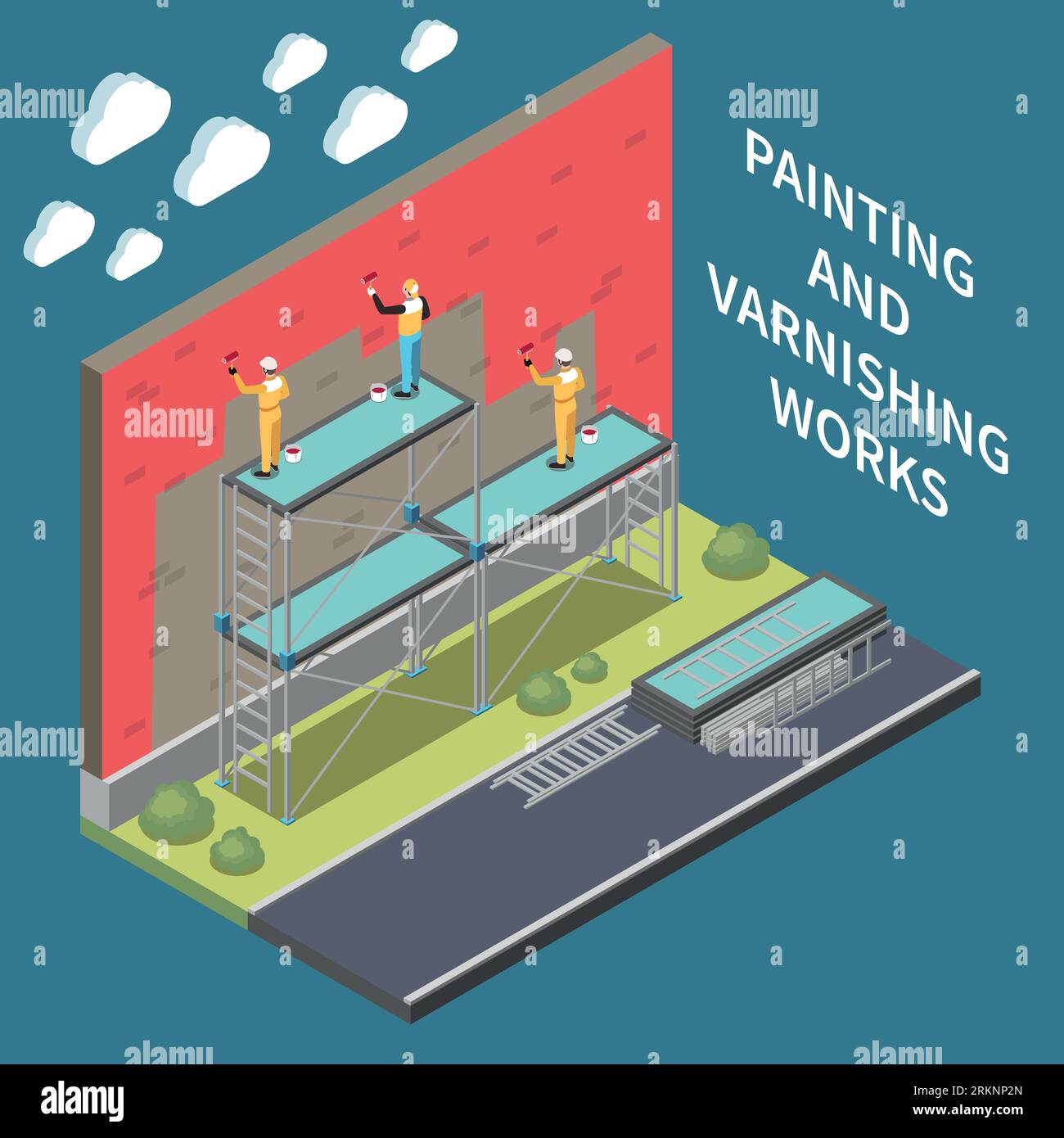 Height work isometric composition with people using scaffolding ...