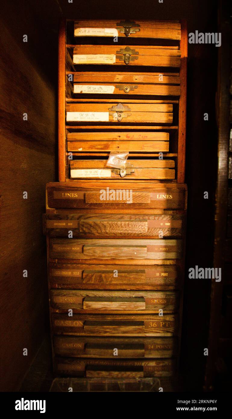 Rows of shelfs containing moveable type and letterpress tools. Iconic ...