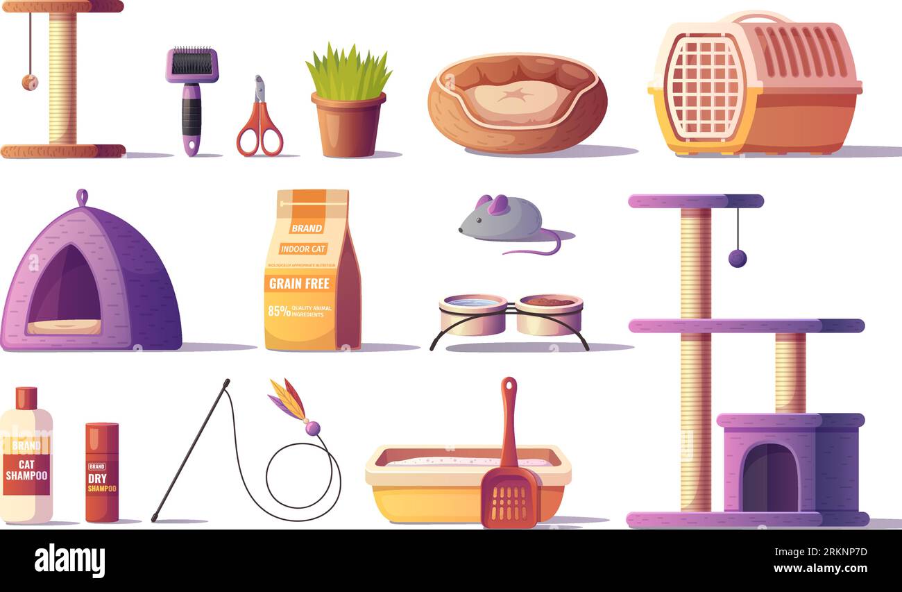 Pet shop cartoon set of accessories for cat care isolated vector ...