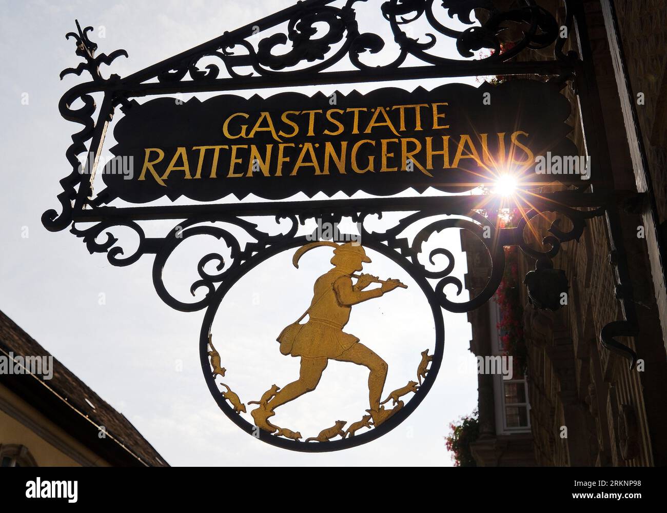V-shaped sign with the Pied Piper of Hamelin at the Pied Piper's House ...