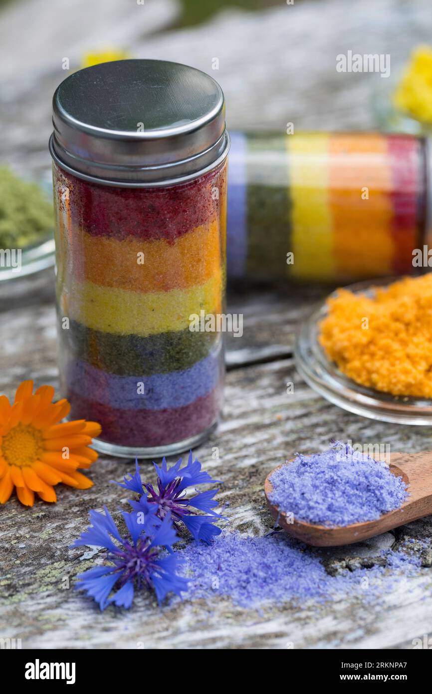 herbal salt from flowers and leaves made from hollyhook, common chicory ...