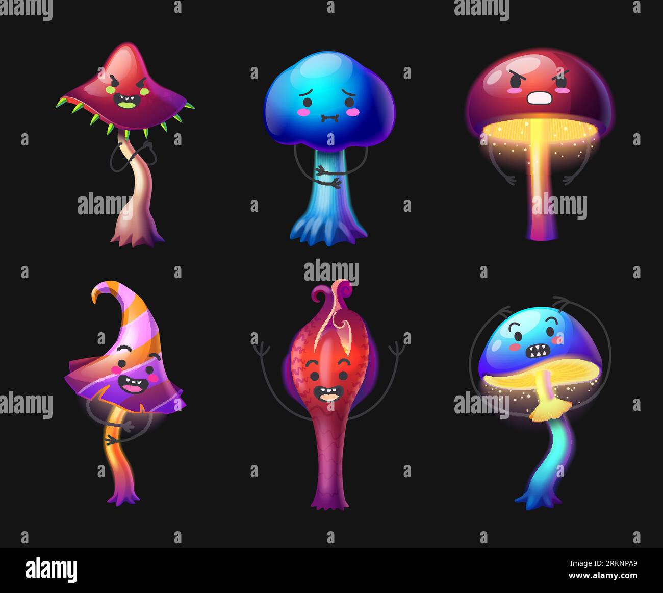 Colorful magic mushroom characters expressing various emotions cartoon ...