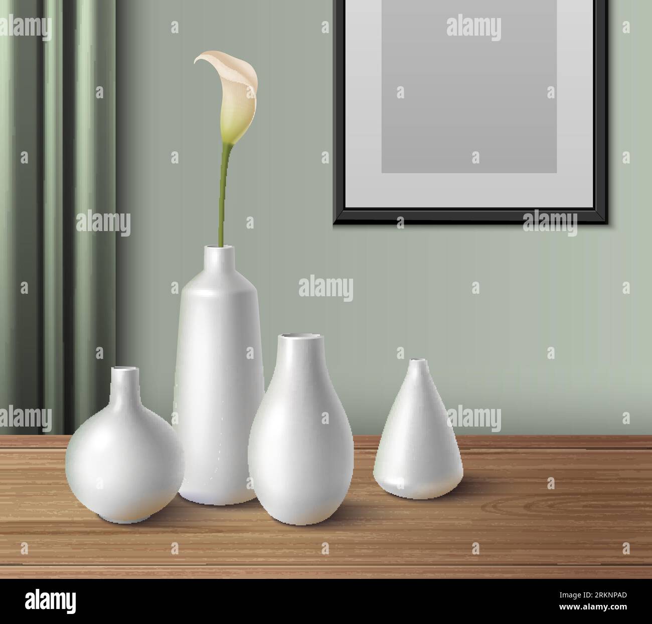 White ceramic porcelain vases of different size and shape on wooden ...