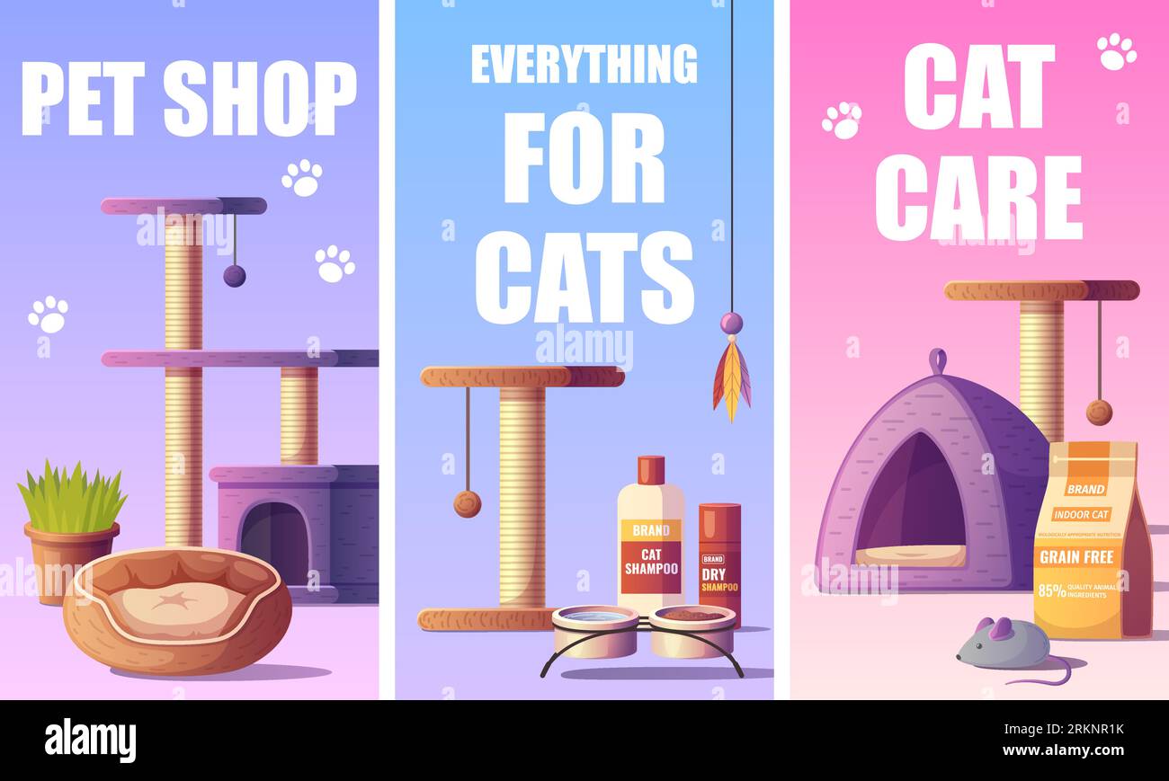 Set of cartoon vertical banners for pet shop with goods for cats ...