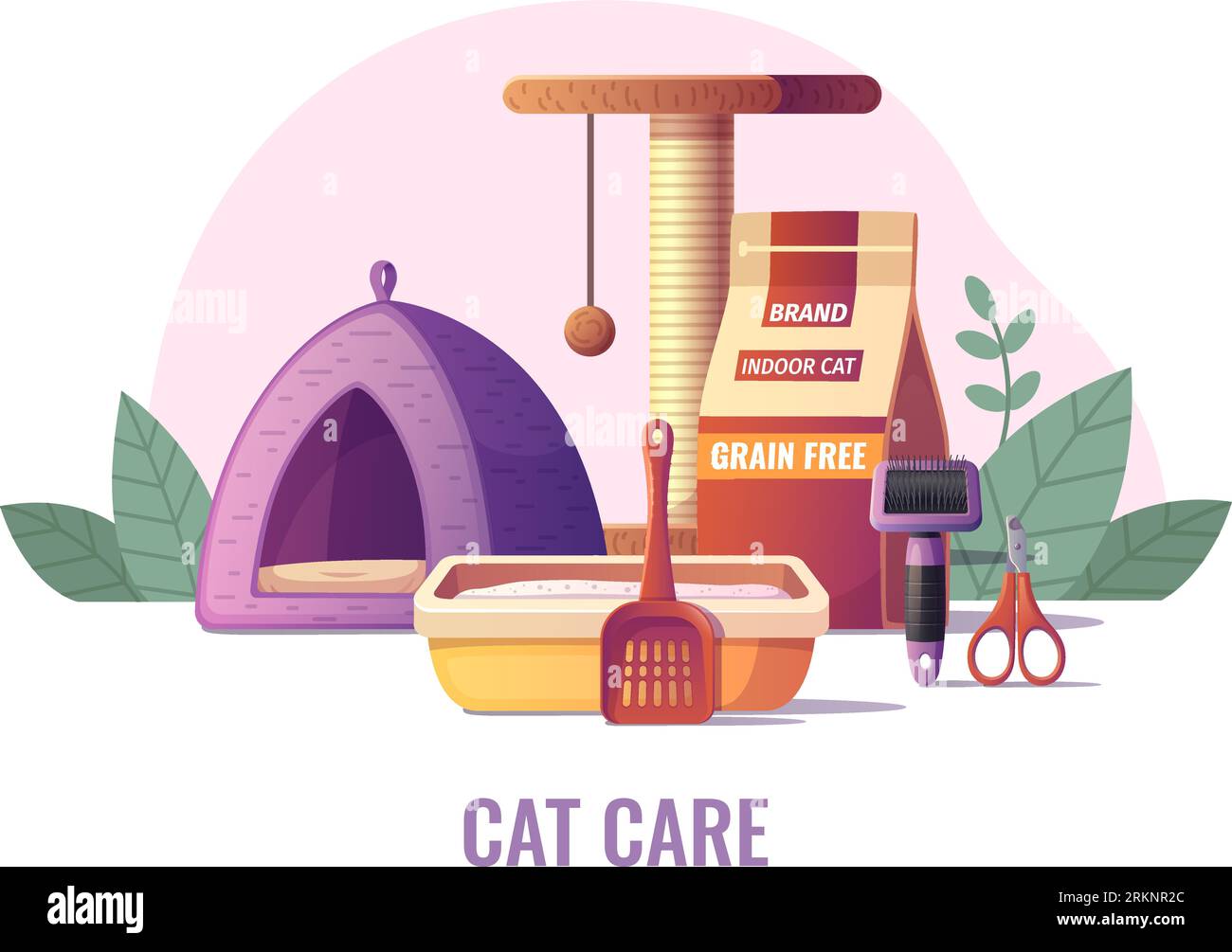 Accessories for cat care in cartoon style with food scissors litter ...