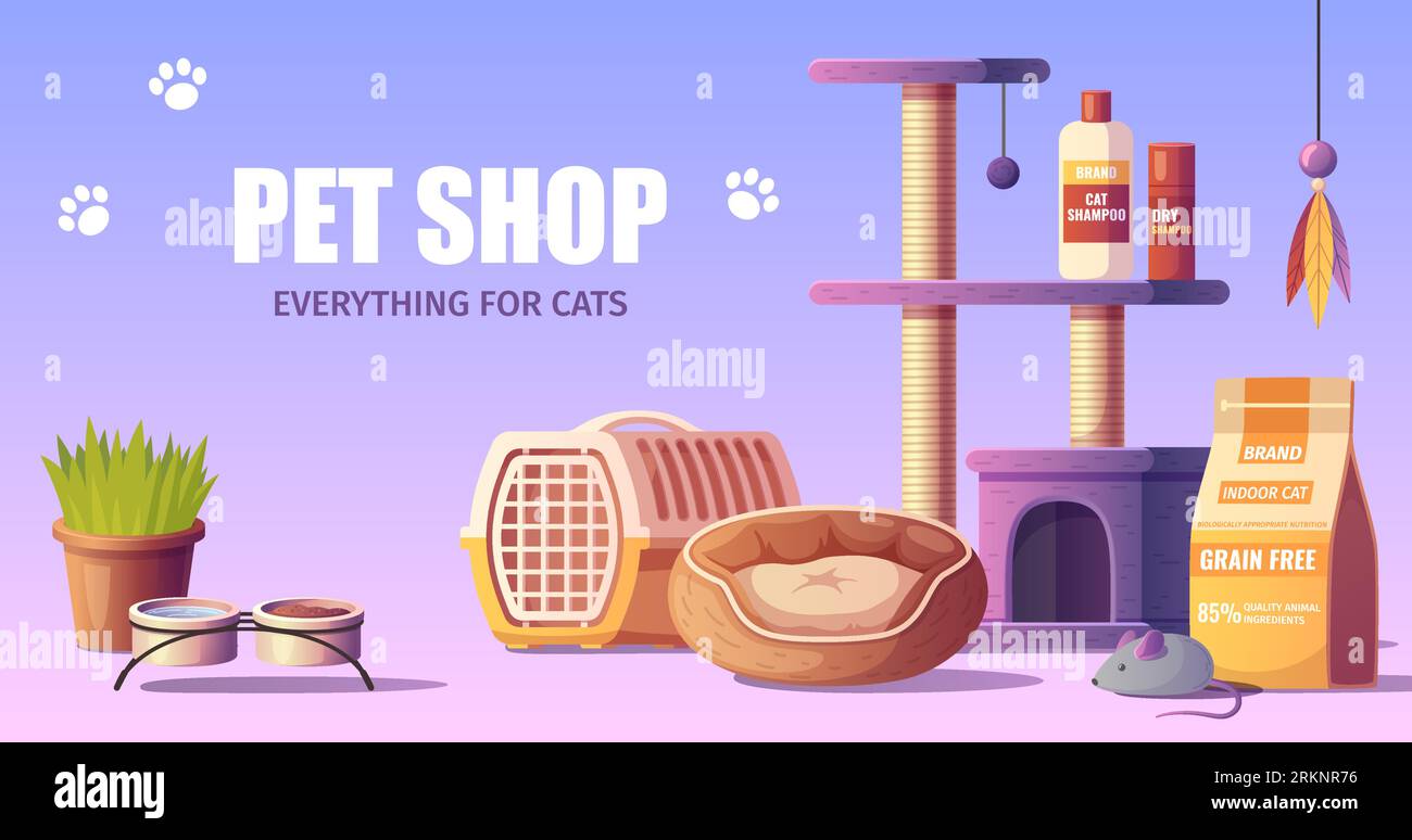 Pet shop cartoon horizontal poster with toys food shampoo and other ...