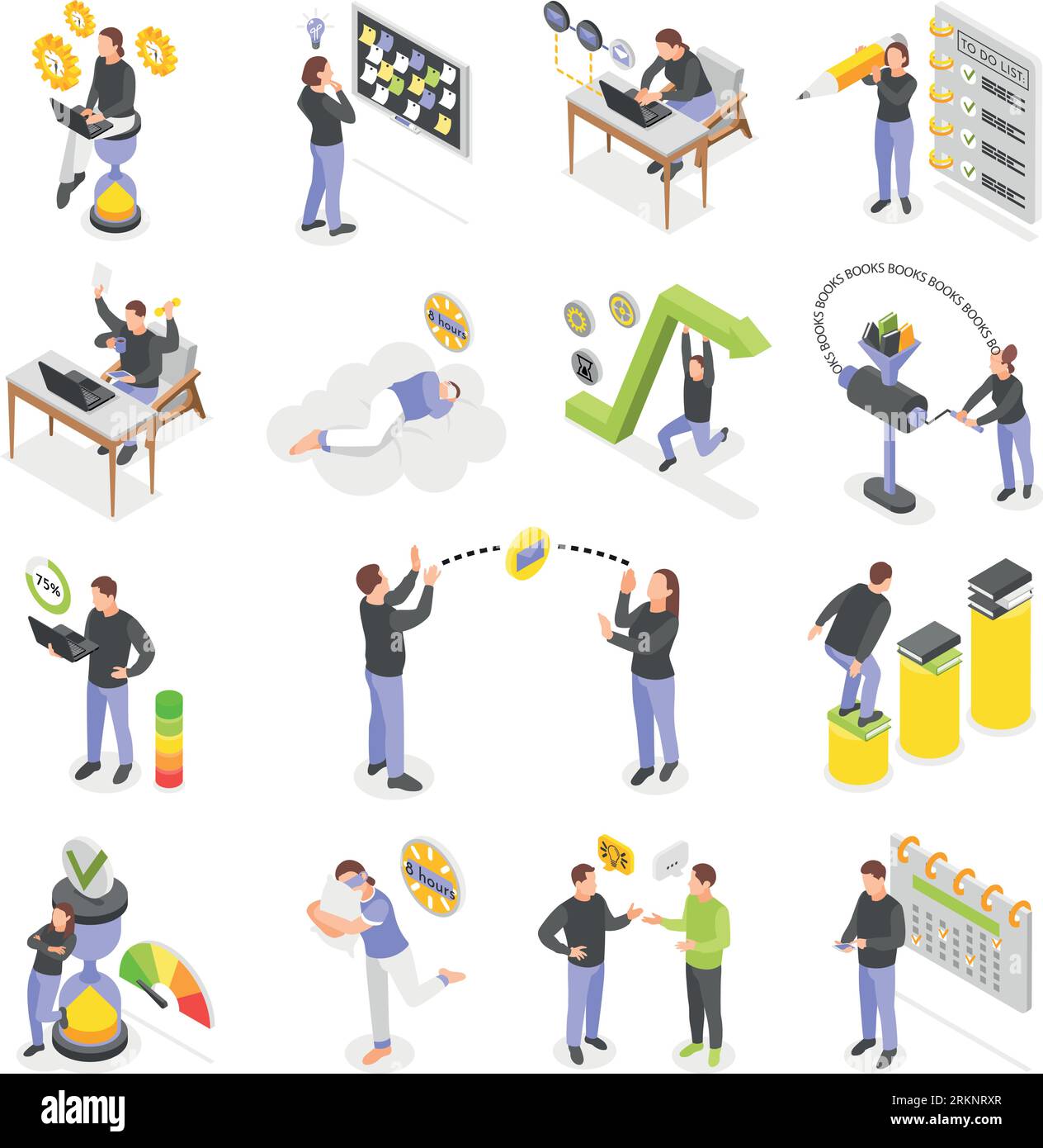 Personal productivity isometric icons set of people planning work doing ...