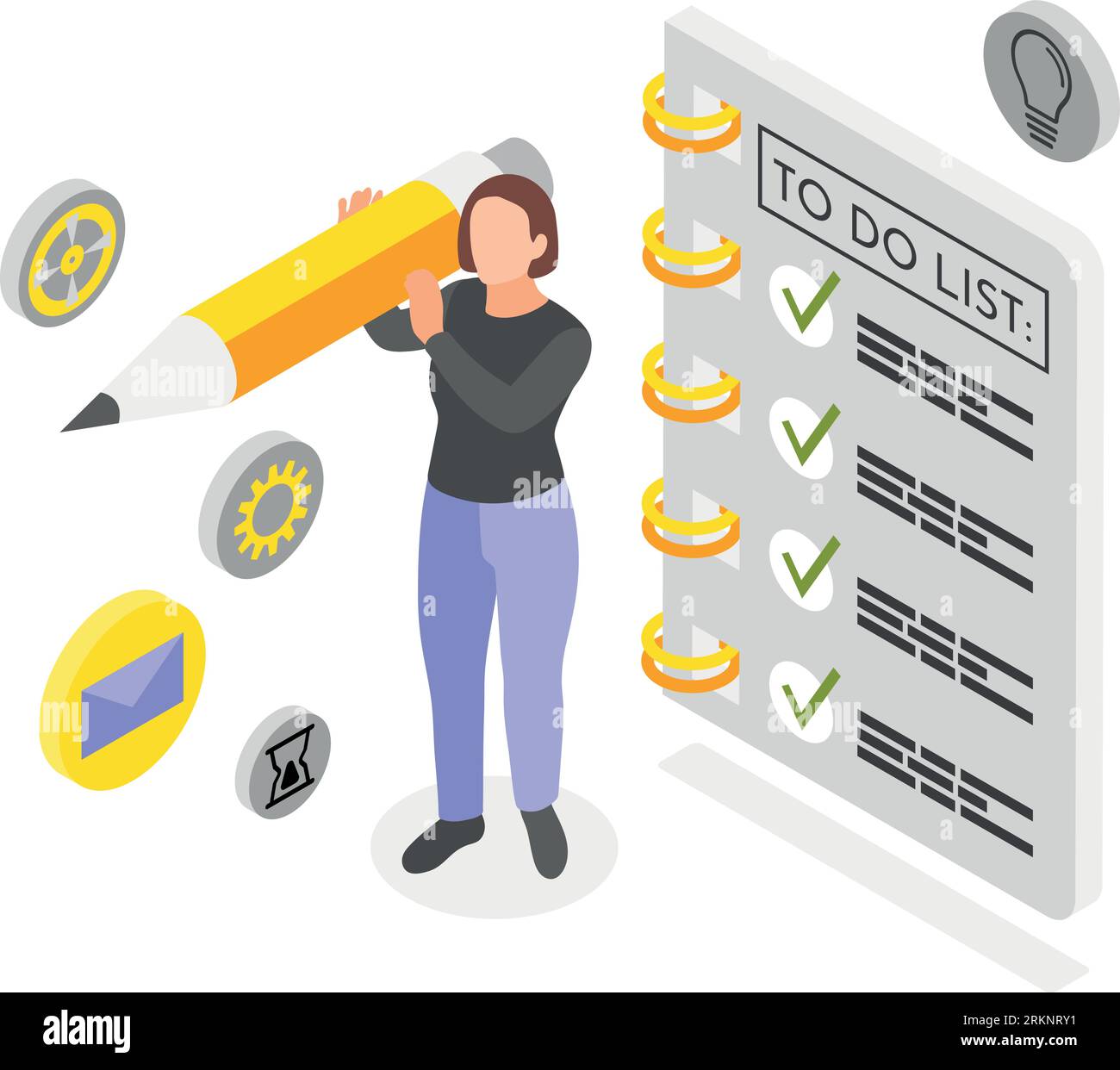 Personal productivity isometric concept with woman standing near large ...