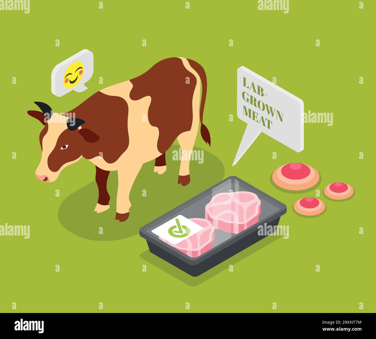 Lab grown meat green background with cow character and plastic ...