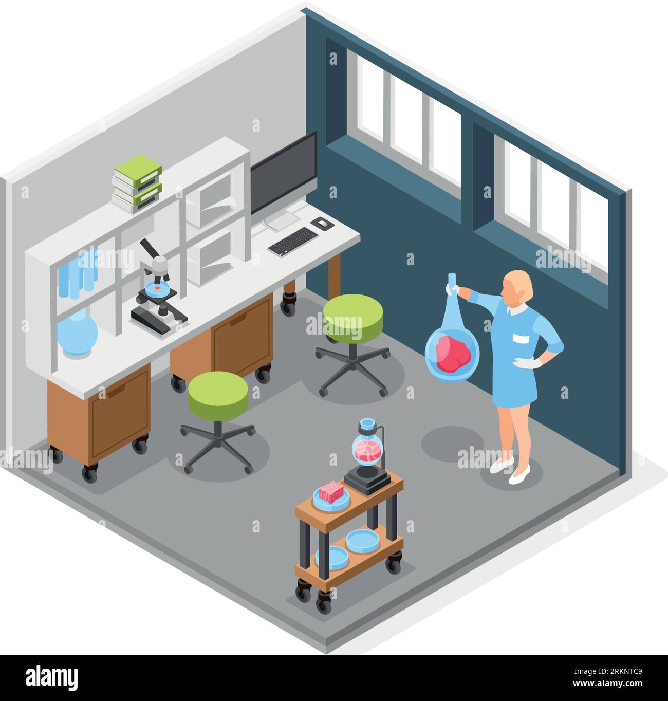 Artificial grown meat lab isometric composition with female scientist ...