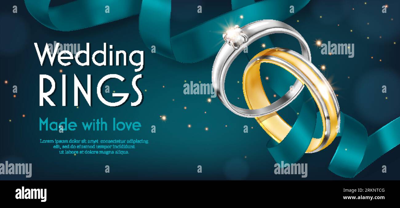 Realistic ring wedding poster with isolated ornate text and shiny ...