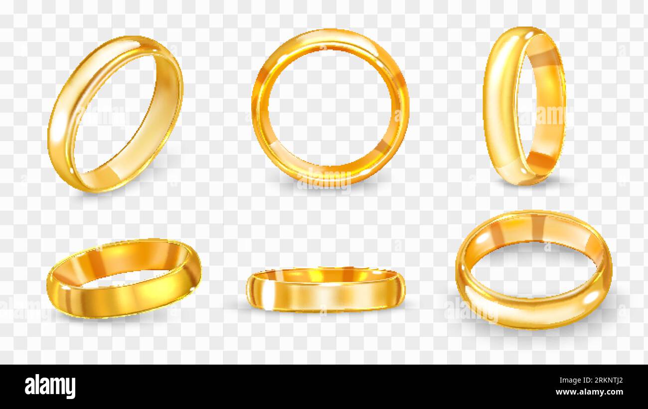 Realistic wedding ring set with six isolated views of shiny luxury ...