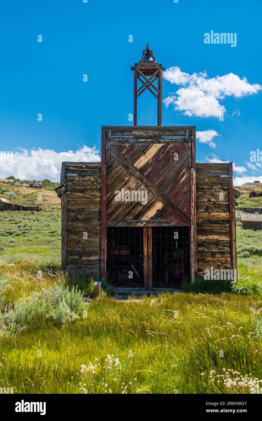 Wooden firehouse in the Bodie ghost town in California. Bodie is a ...