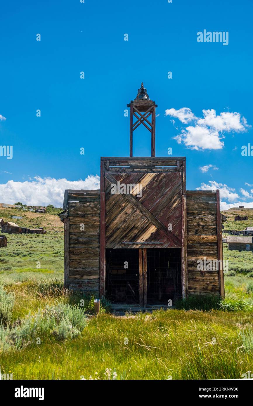 Wooden firehouse in the Bodie ghost town in California. Bodie is a ...