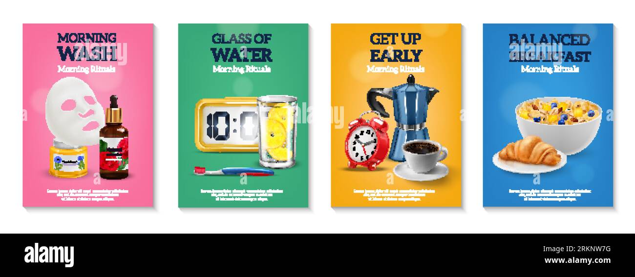 Set of four vertical posters with editable ornate text and morning wash water and breakfast ...