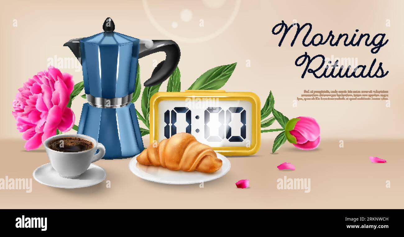 Realistic morning horizontal poster with editable ornate text and alarm ...
