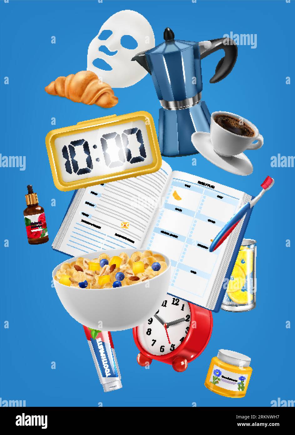 Realistic morning composition with collage of icons with alarm clocks ...