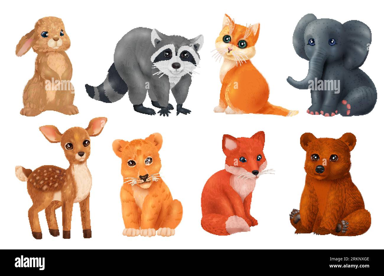 Realistic young animal set with bunny racoon cat elephant deer lion fox ...