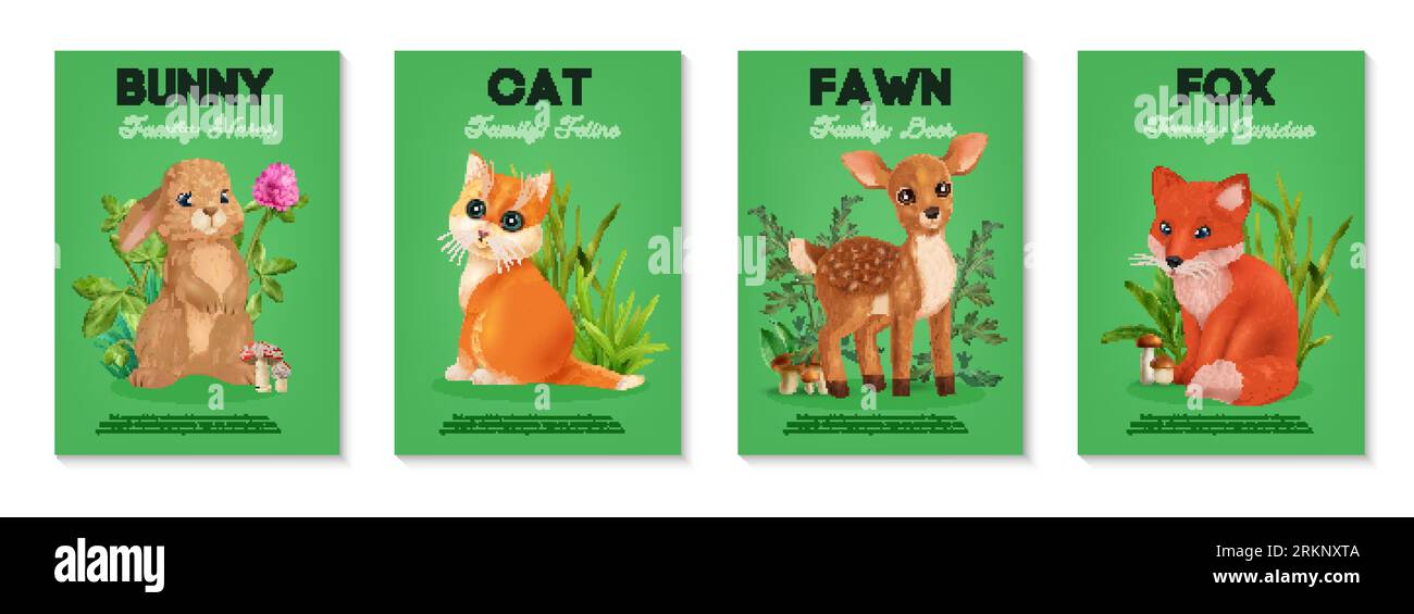 Realistic young animal poster set with vertical compositions of bunny ...