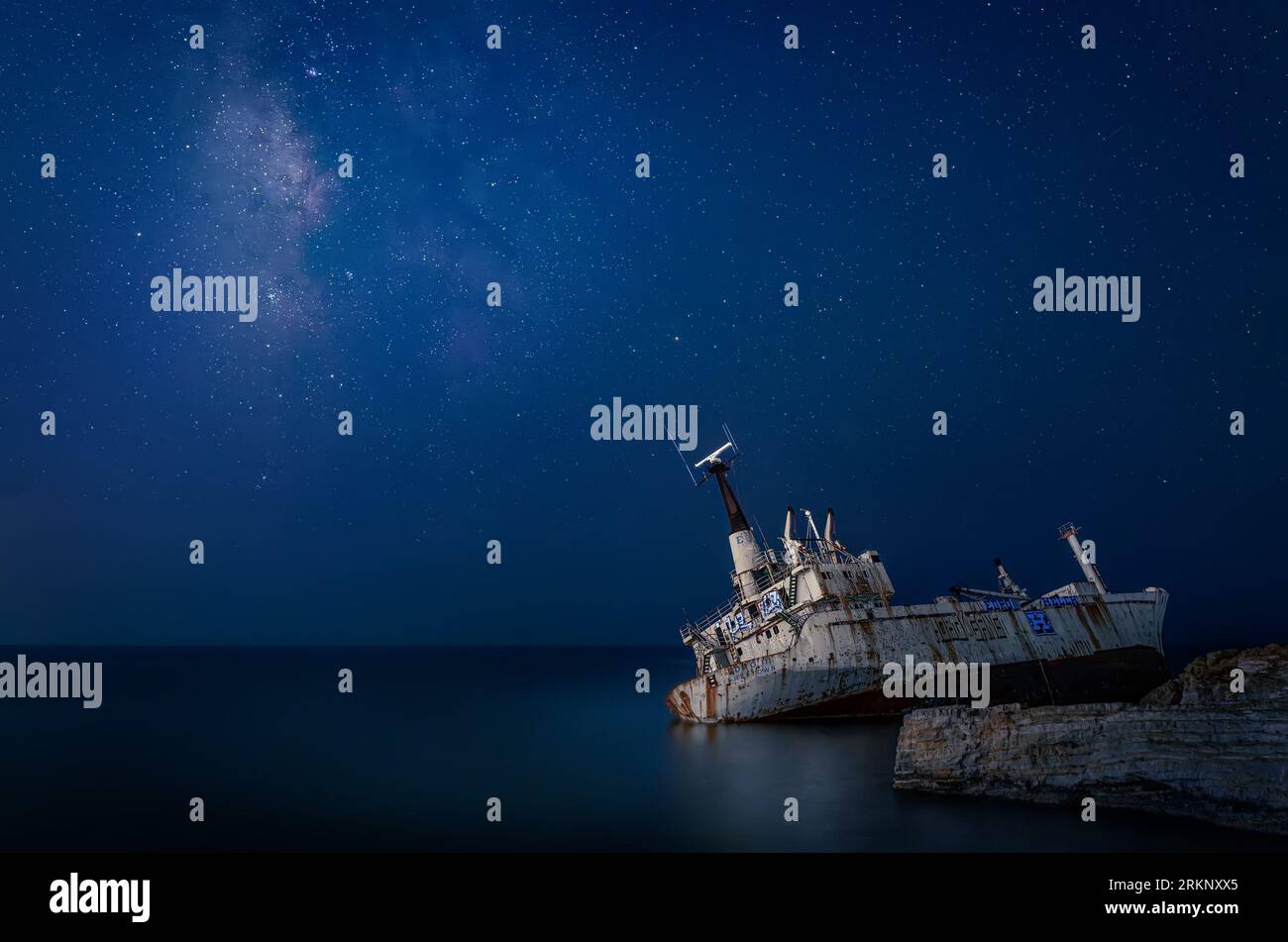 Edro III Shipwreck at night in Peyia, Paphos, Cyprus. The night sky ...