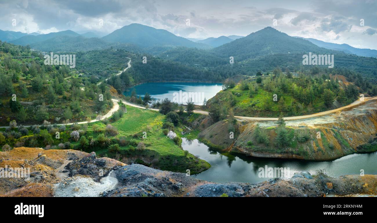 Abandoned mining area restoration in Cyprus. Panorama of open pit Memi ...