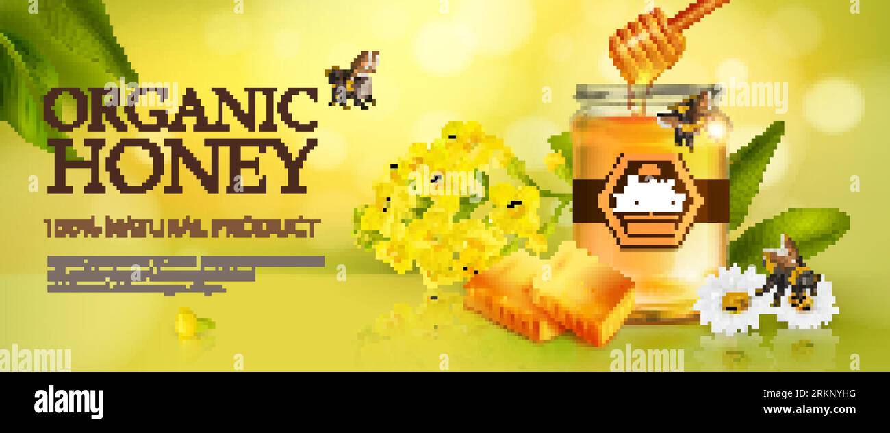 Realistic honey bees poster with editable ornate text and glass can ...