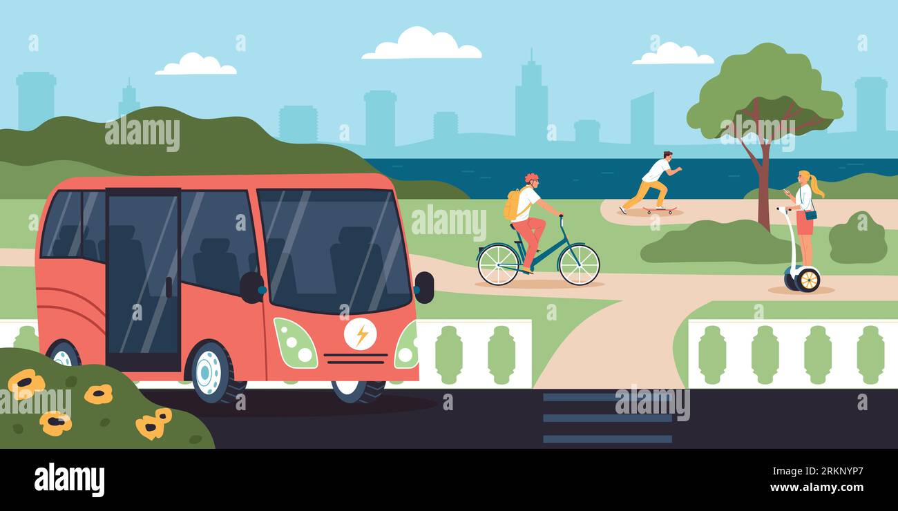 People using urban eco transport riding bicycle skateboard hoverboard ...