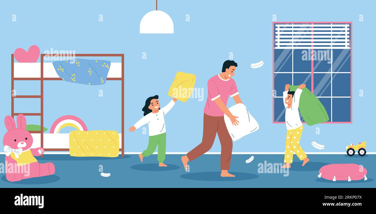 Father playing with his children fighting with pillows in bedroom flat ...