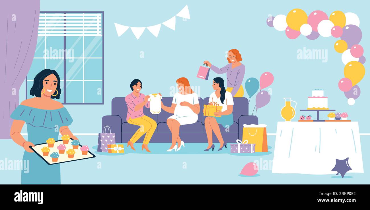 Happy women giving presents to expecting mother at baby shower party ...