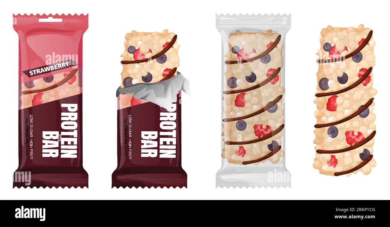 Healthy protein bar packaging set with four isolated top view images of ...