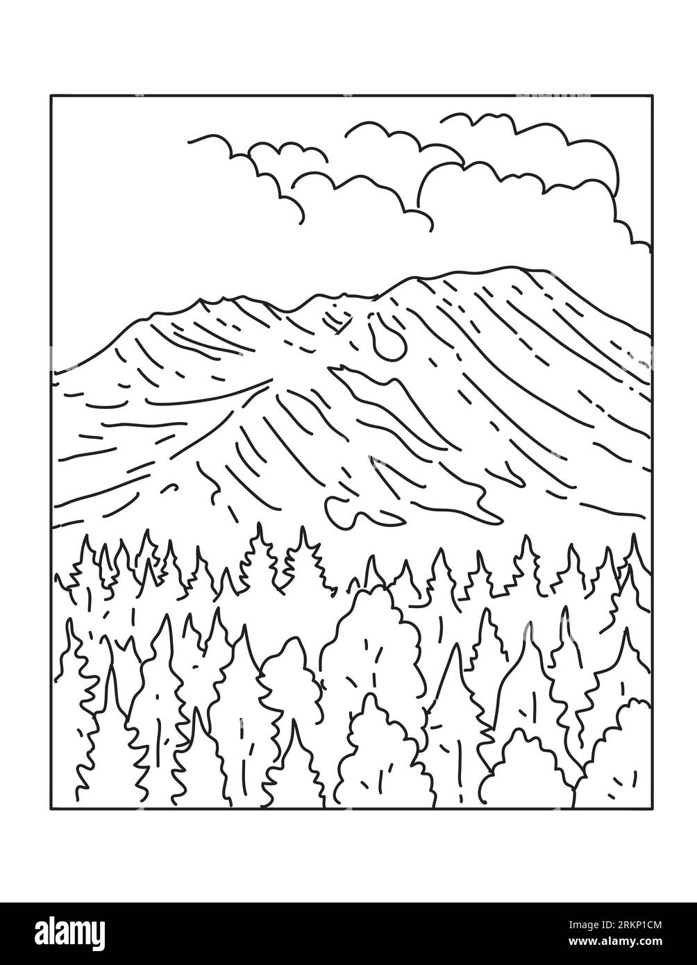 Mono line illustration of Mount St. Helens within Mount St. Helens National Volcanic Monument in ...