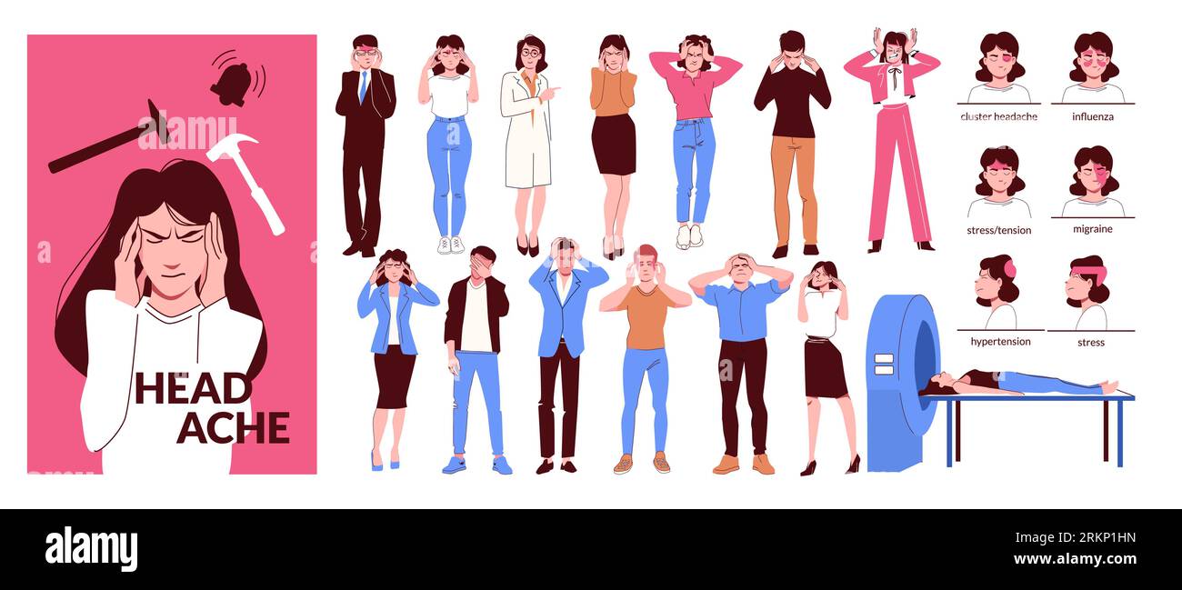 Headache pain set of flat isolated icons with young human characters ...