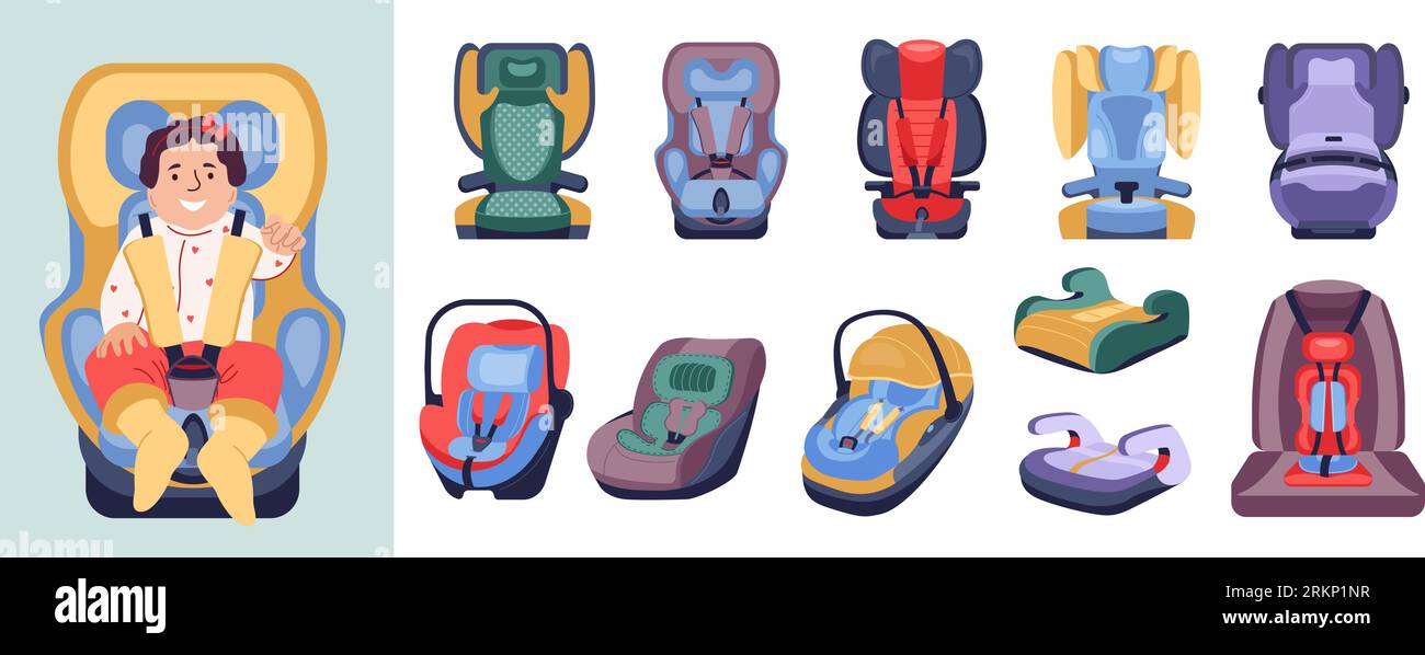 Children car seat set of flat isolated icons with colorful childish ...