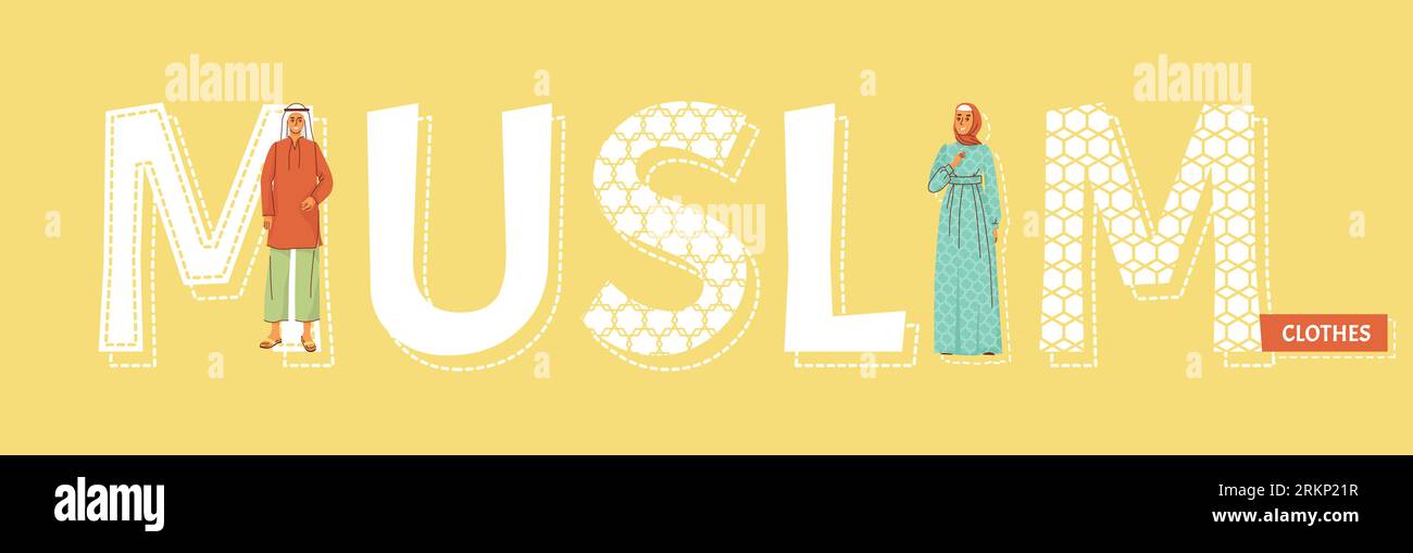 Muslim clothes text with islam symbols flat vector illustration Stock ...