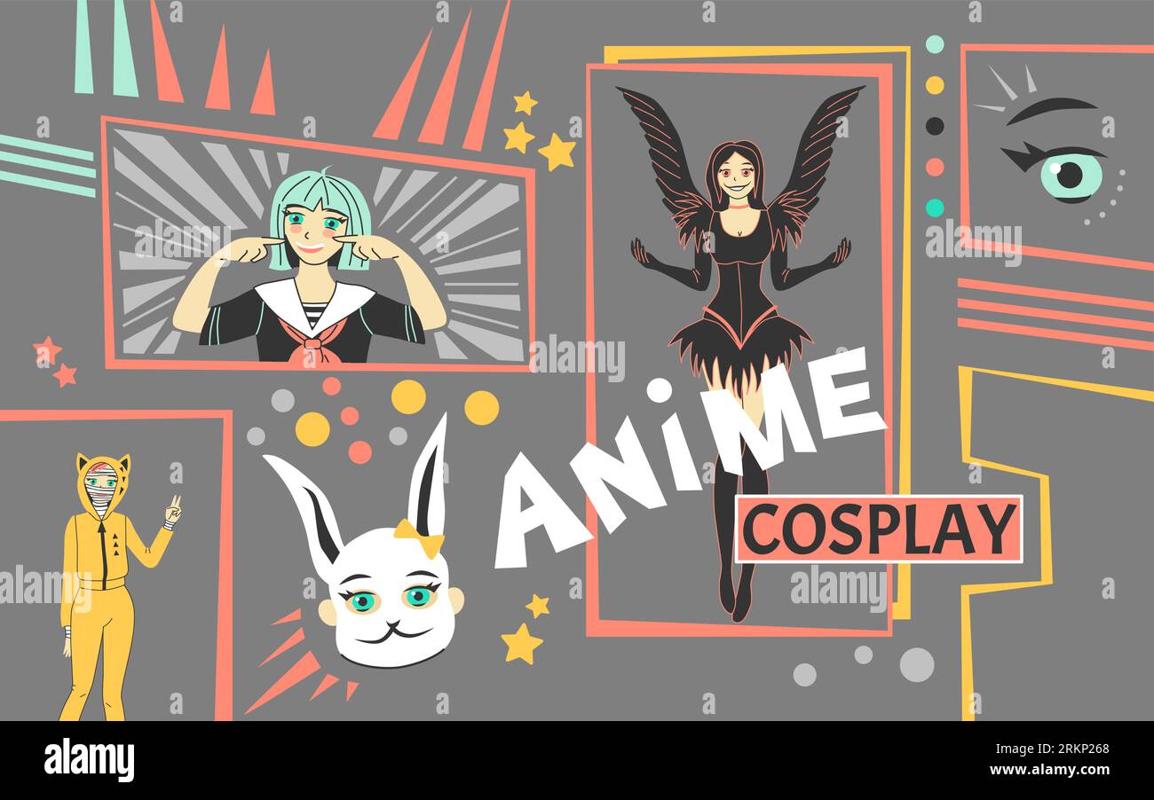 Cosplay anime collage with manga lifestyle symbols flat vector ...