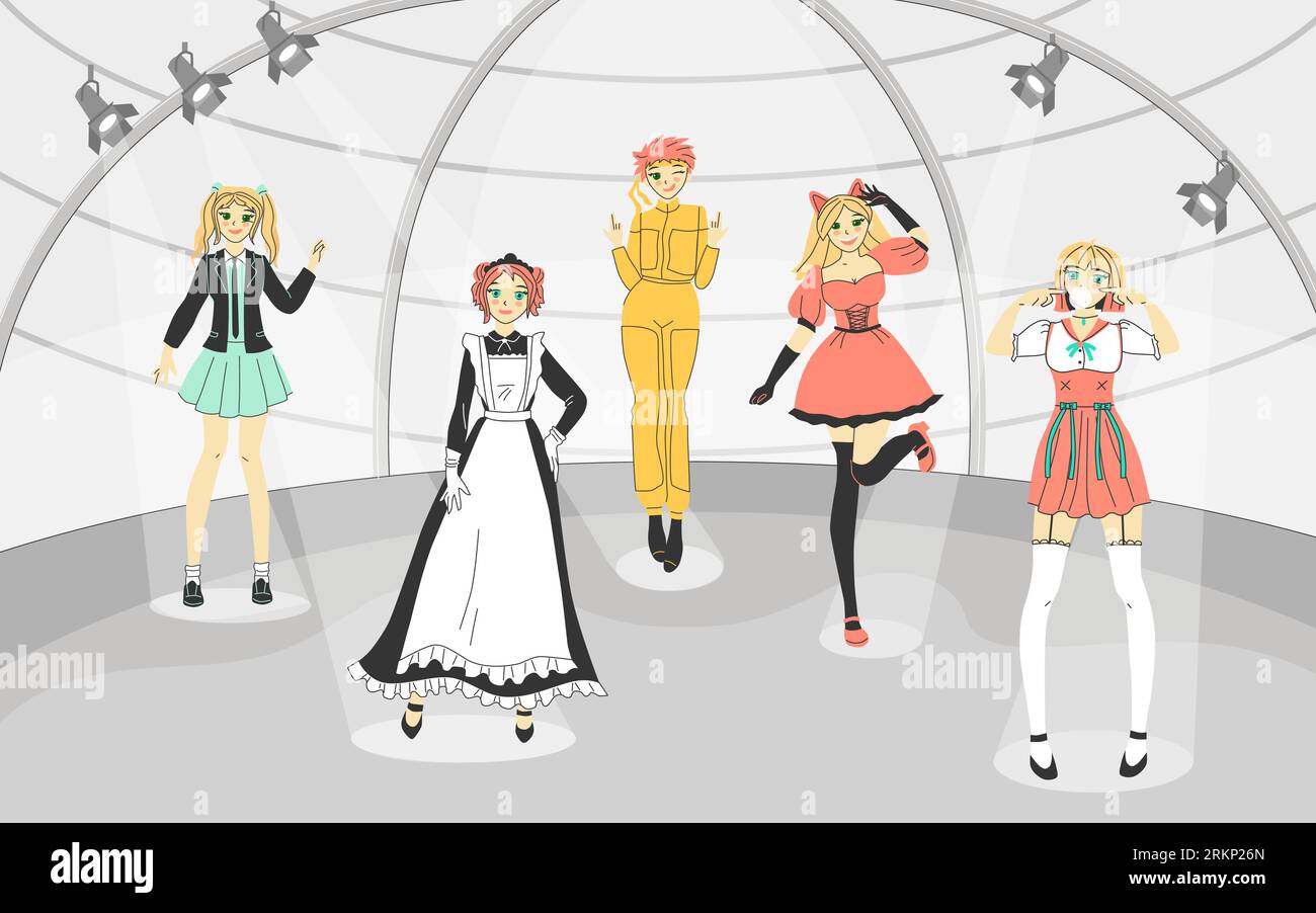 Cosplay anime background with costume and performance symbols flat ...