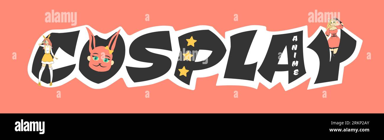 Cosplay anime text with kawaii lifestyle symbols flat vector ...