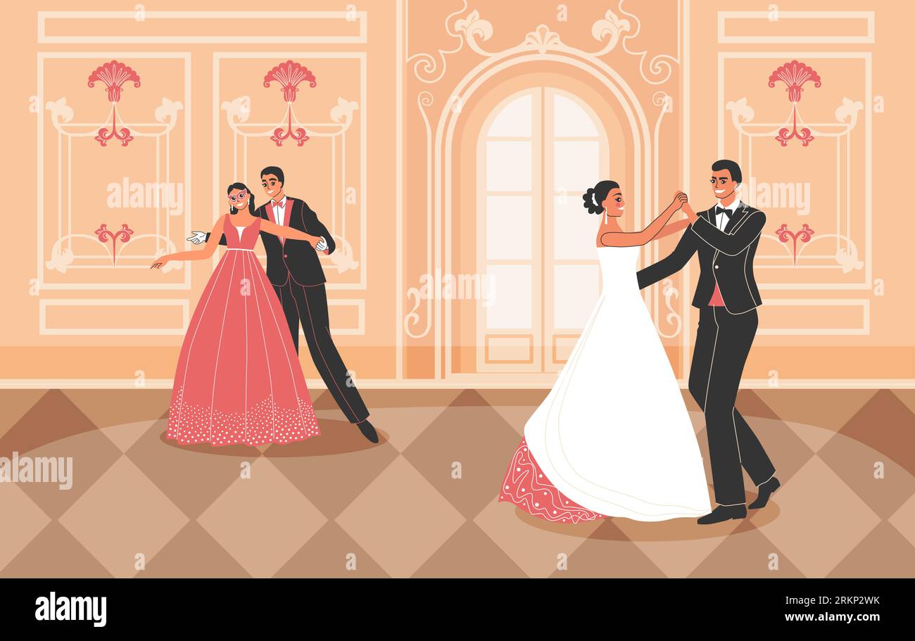 Royal ball background with dance and elegant dress symbols flat vector ...