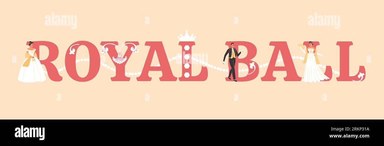 Royal ball text with classic dress and tuxedo symbols flat vector ...