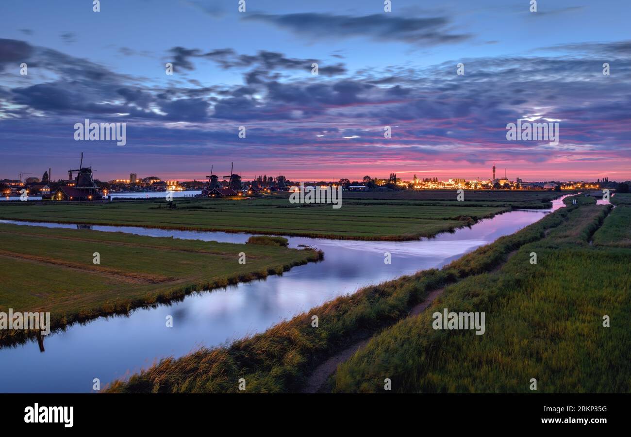 Traditional dutch landscape with windmills, Zaanse Schans, Netherlands ...
