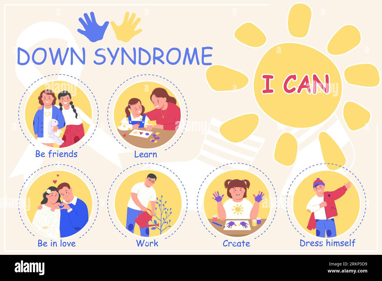 Downs syndrome flat infographic with be friends learn be in love work ...