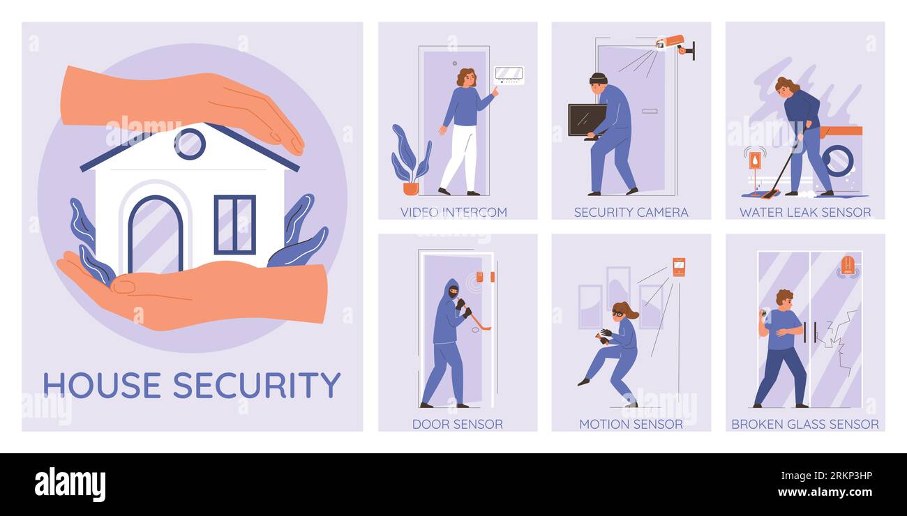 Home security infographic set with door sensor symbols flat vector ...
