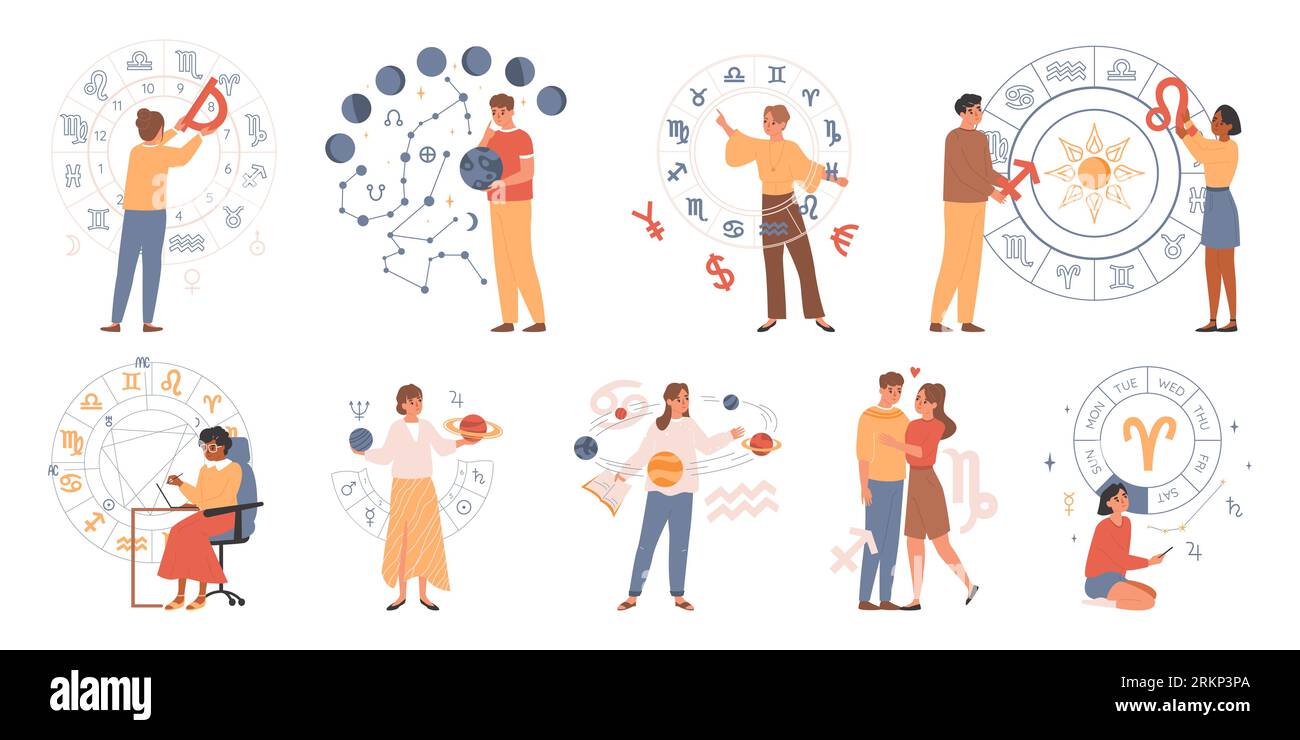 Horoscope icons set with zodiac calendar and prediction symbols flat ...