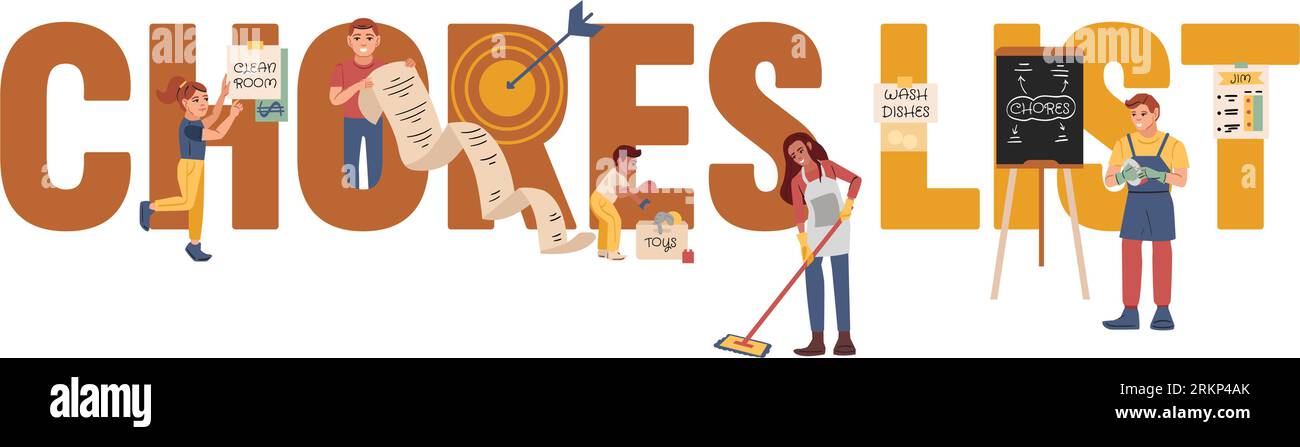 Chores list flat text banner with people planning and doing housework ...