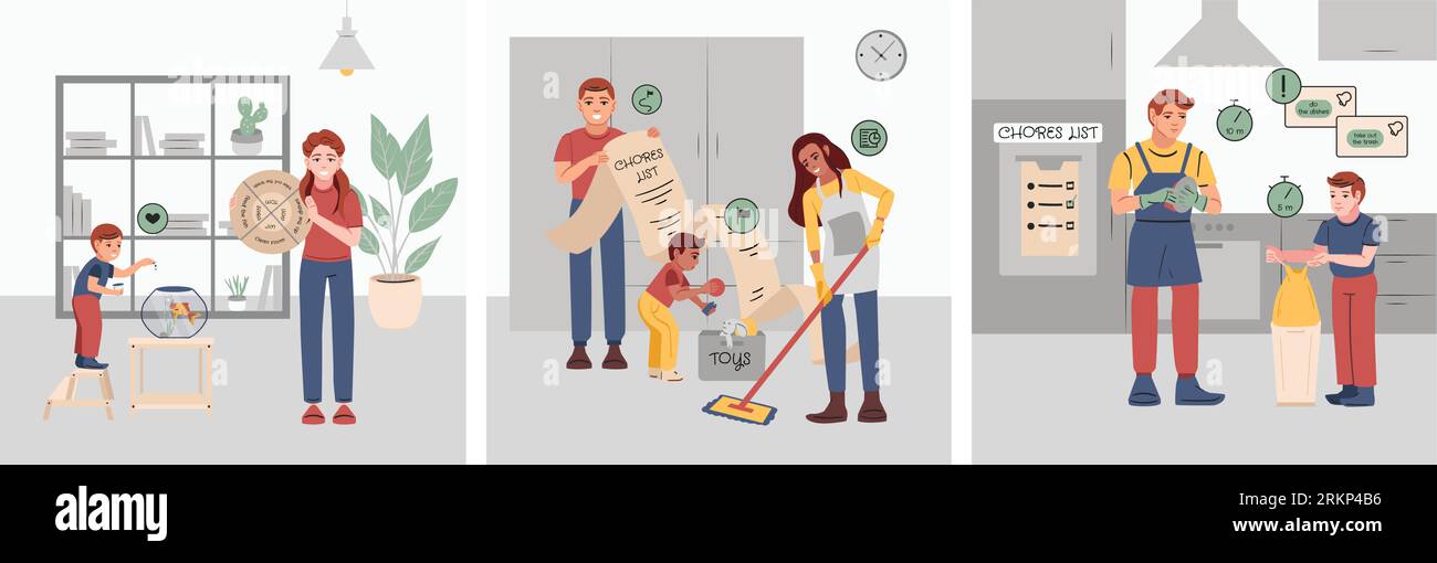 Families with children doing household chores according to lists flat ...