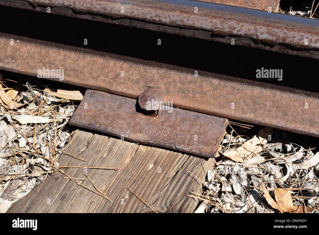 Rusty railroad spike and plate holding rail in place Stock Photo - Alamy