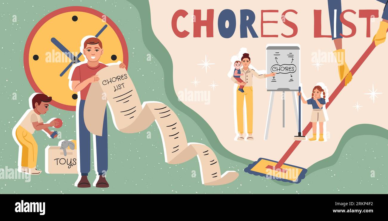 Flat collage with families making chores lists and charts and children ...