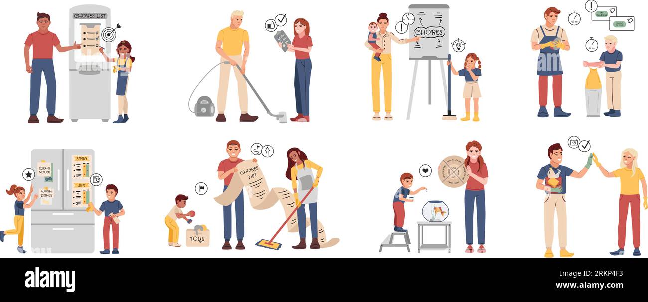 Families using various ideas to make lists of household chores flat set ...